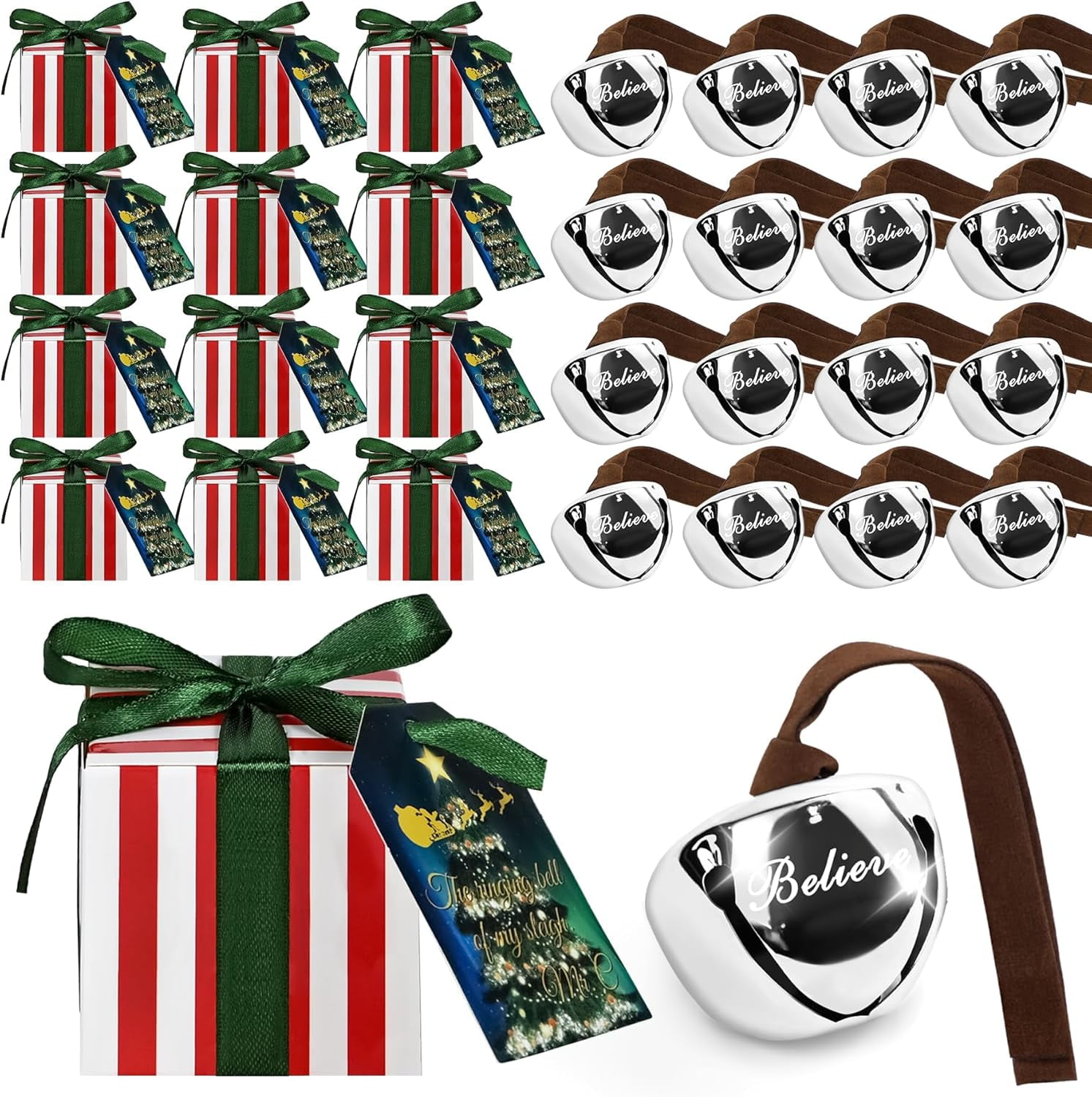 50 Sets Christmas Believe Bells Bulk Polar Santa Sleigh Bells Santa ...