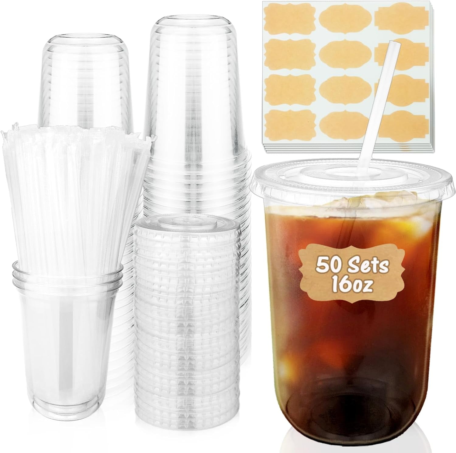 50 Sets Clear Cups with and Straws, 16oz Round Bottom Disposable Ice ...