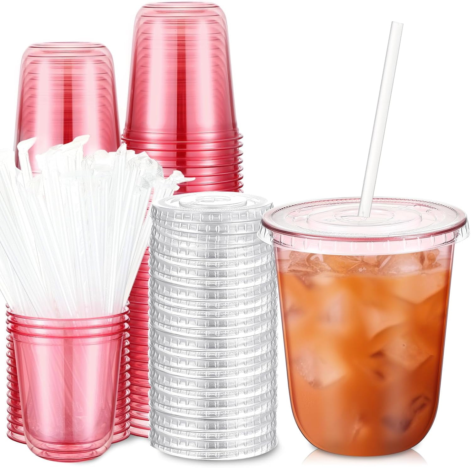 50 Sets Clear Cups with and Straws, Disposable Iced Coffee Cups ...
