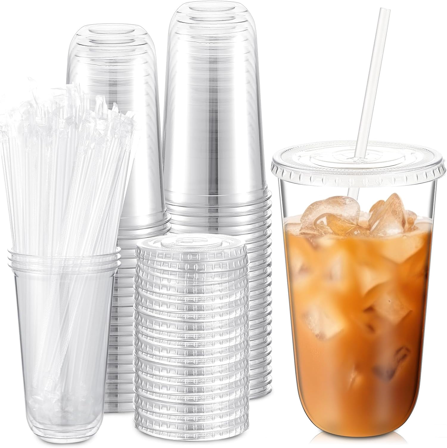 50 Sets Clear Cups with and Straws, Disposable Iced Coffee Cups ...