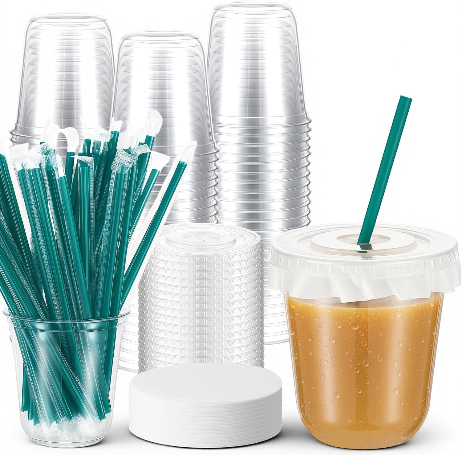 50 Sets Clear Cups with , Straws, and Paper Cap Liners, Disposable Iced ...