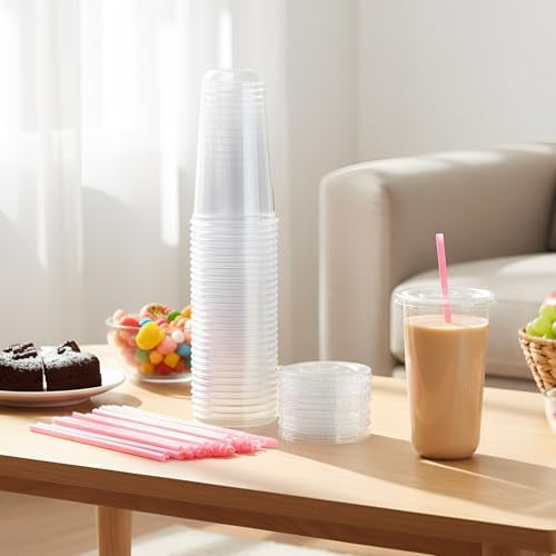 50 Sets Clear Plastic Cups with Heart Shaped Pink Straws and Lids ...