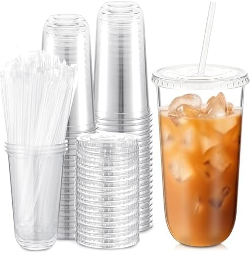 50 Sets Clear Plastic Cups with Lids and Straws, Disposable Iced Coffee ...