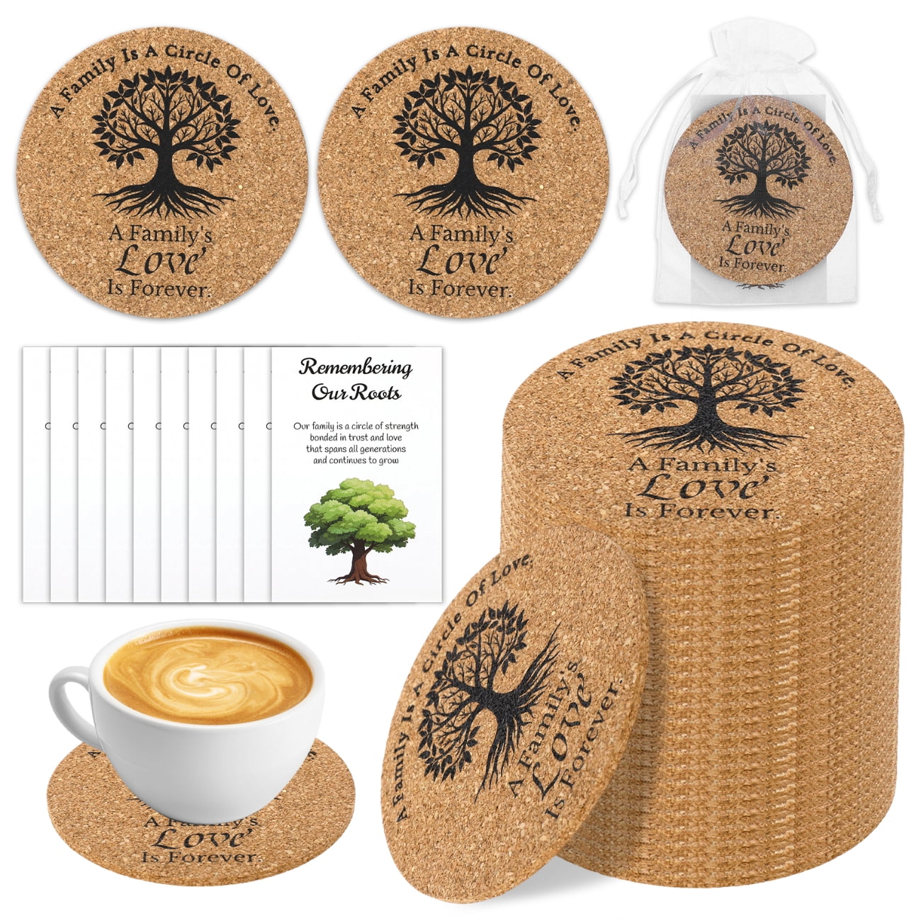 50 Sets Family Love Cork Coasters with Greeting Cards Organza Bags,Heat ...