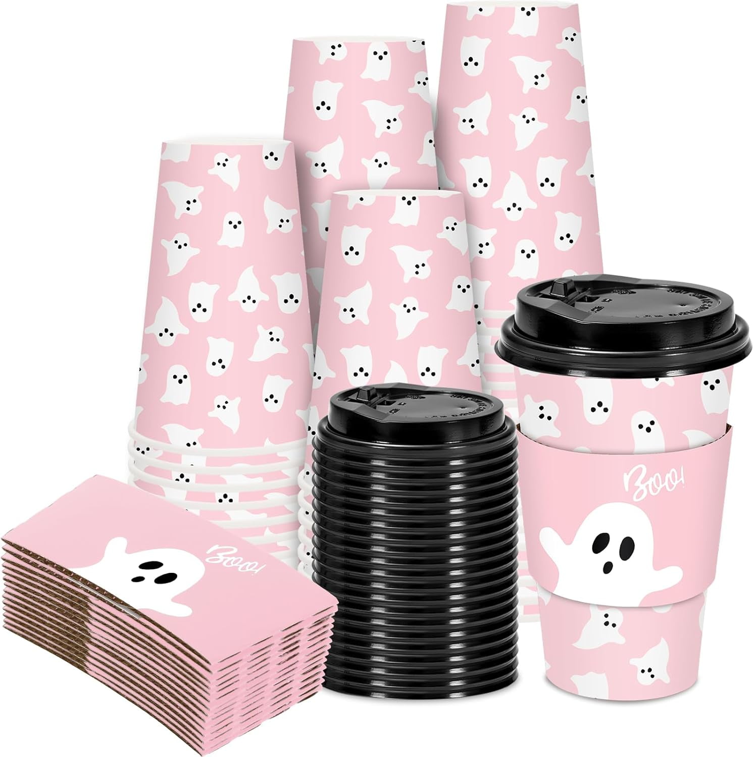 50 Sets Halloween Ghost Coffee Cups with Lids and Sleeves 16oz Pink ...