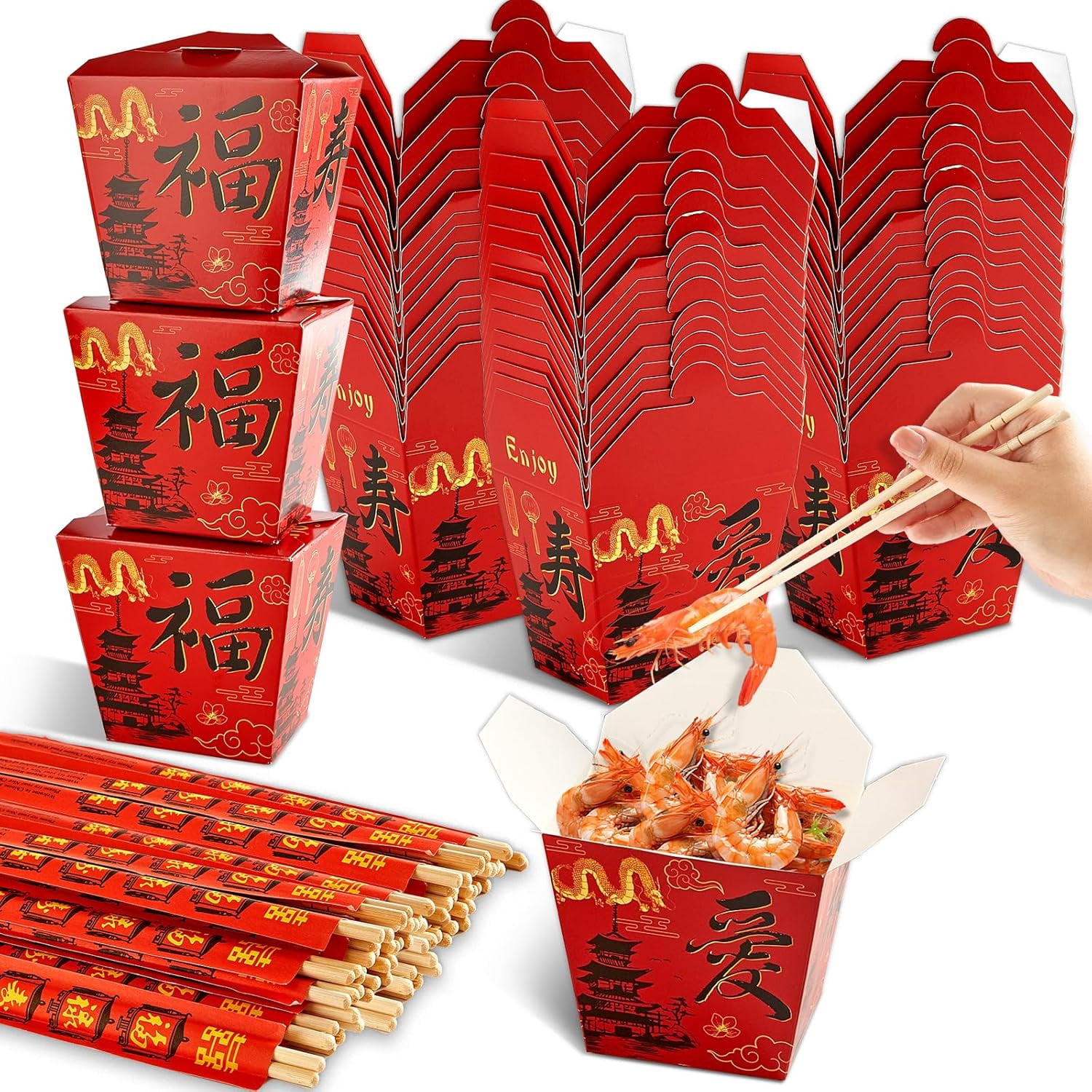 50 Sets Hibachi Party Supplies 16 oz Chinese Take Out Boxes with ...