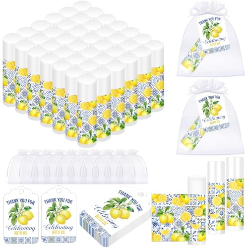 50 Sets Lemon Lip Balm Bulk Baby Shower Favor with Organza Gift Bags ...