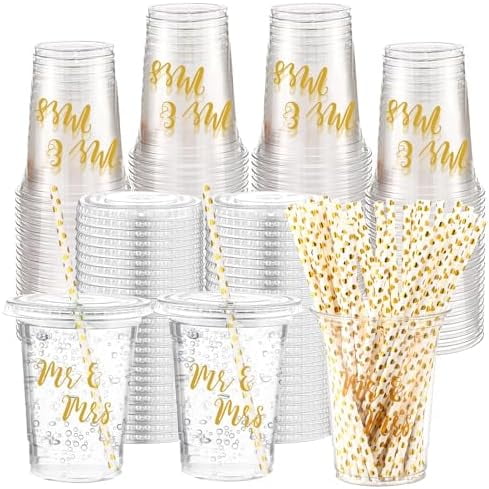 50 Sets Mr & Mrs Plastic Cups with Lids and Straws 16 oz Disposable ...