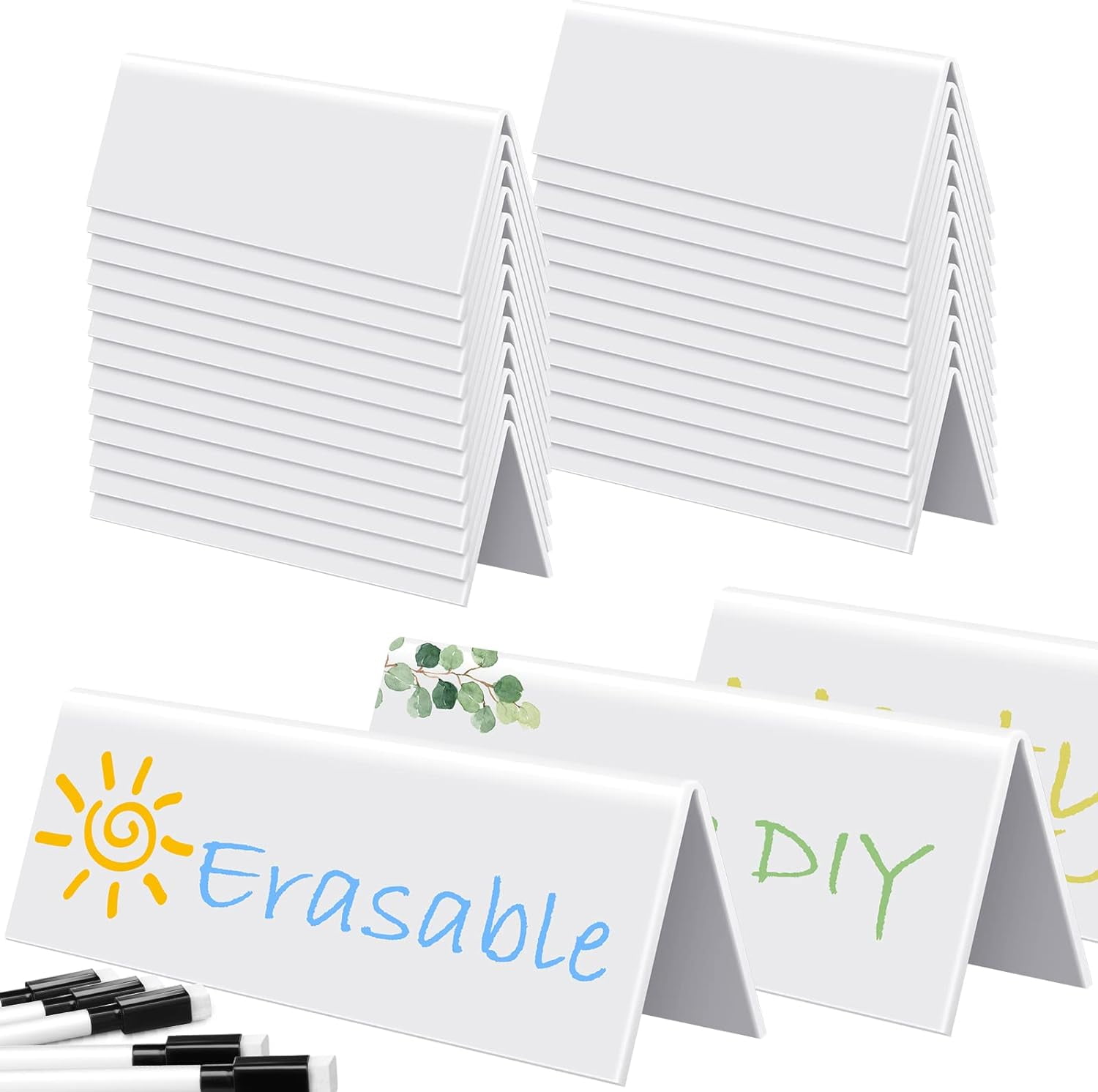 50 Sets Reusable Name Tent Cards with Black Markers Dry Erase Name Tent ...
