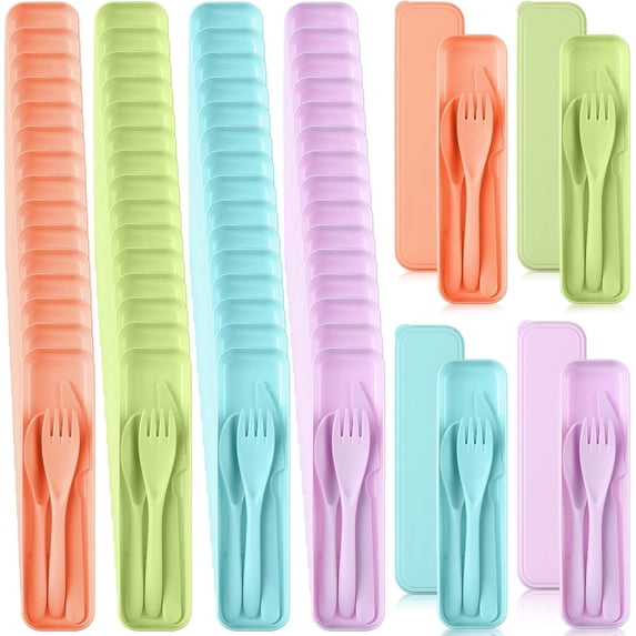 50 Sets Reusable Travel Utensils Set with Case Wheat Straw Cutlery ...