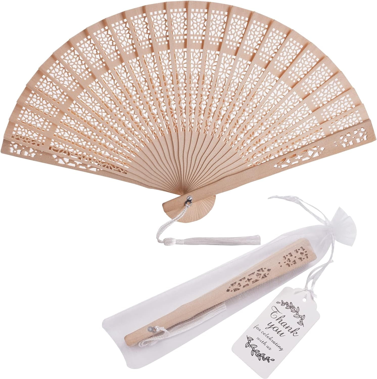 50 Sets Wooden Hand Fan Wood Handheld Folding Fans with Organza Bags ...