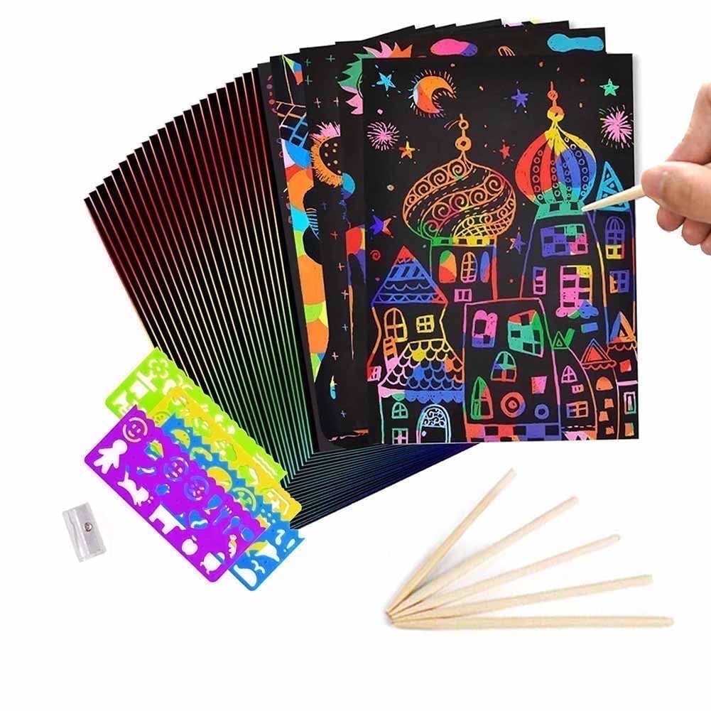 Triani 50 Sheets Scratch Sketch Art Papers Art Rainbow With Stylus DIY ...