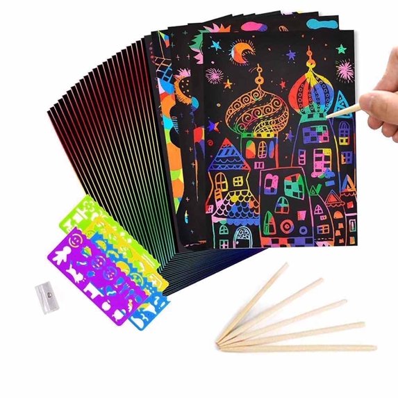 Triani 50 Sheets Scratch Sketch Art Papers Art Rainbow With Stylus DIY ...