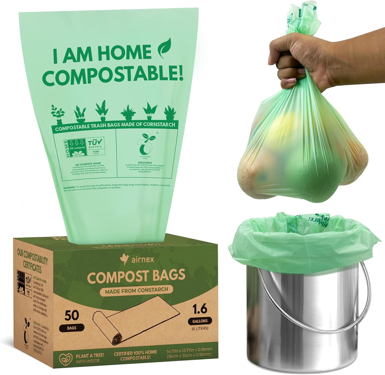 50 Small Compost Bags for Countertop Bin 1.6 Gal - Cornstarch Compost Trash Bags - Leakproof ...