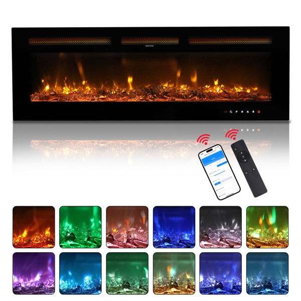 50" Smart WiFi Electric Fireplace Insert, 1500W Wall Recessed/Mounted ...