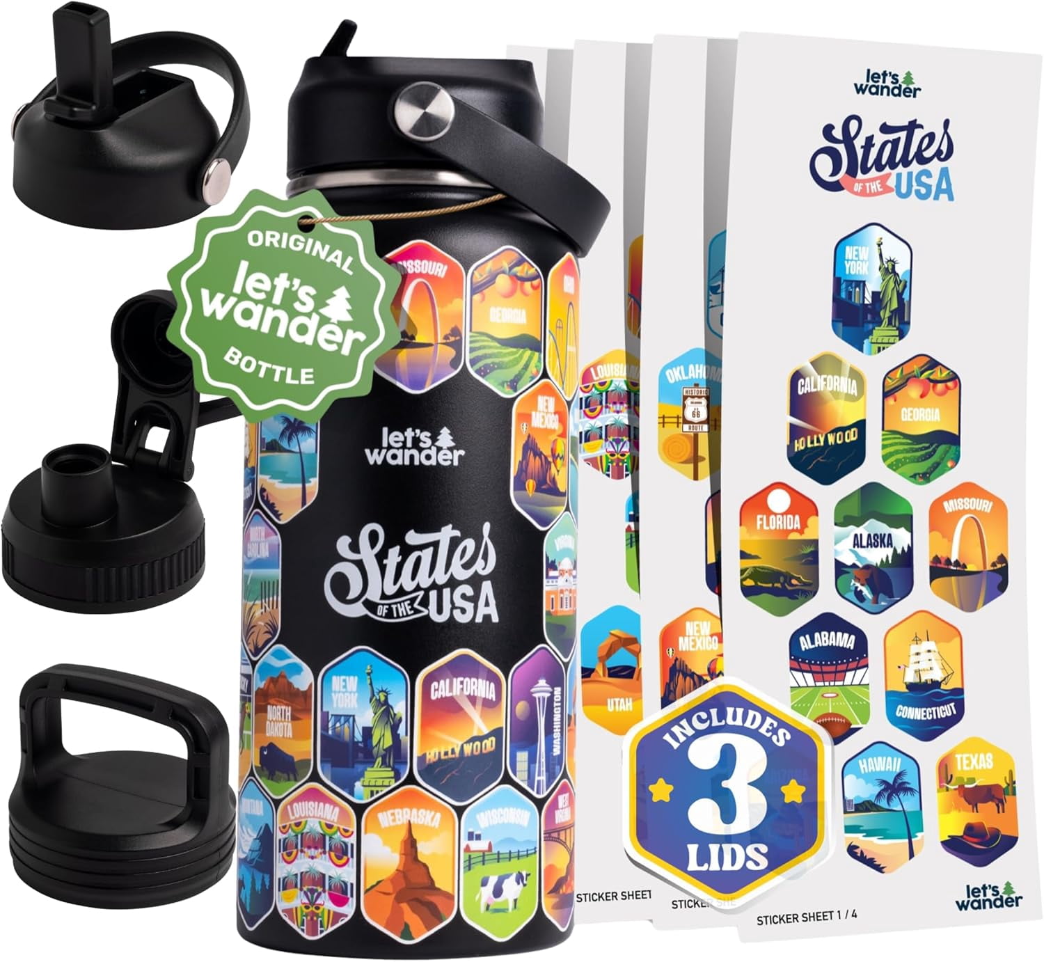 50 States Water Bottle with 3 Lids and 50 Waterproof Stickers - 32oz ...