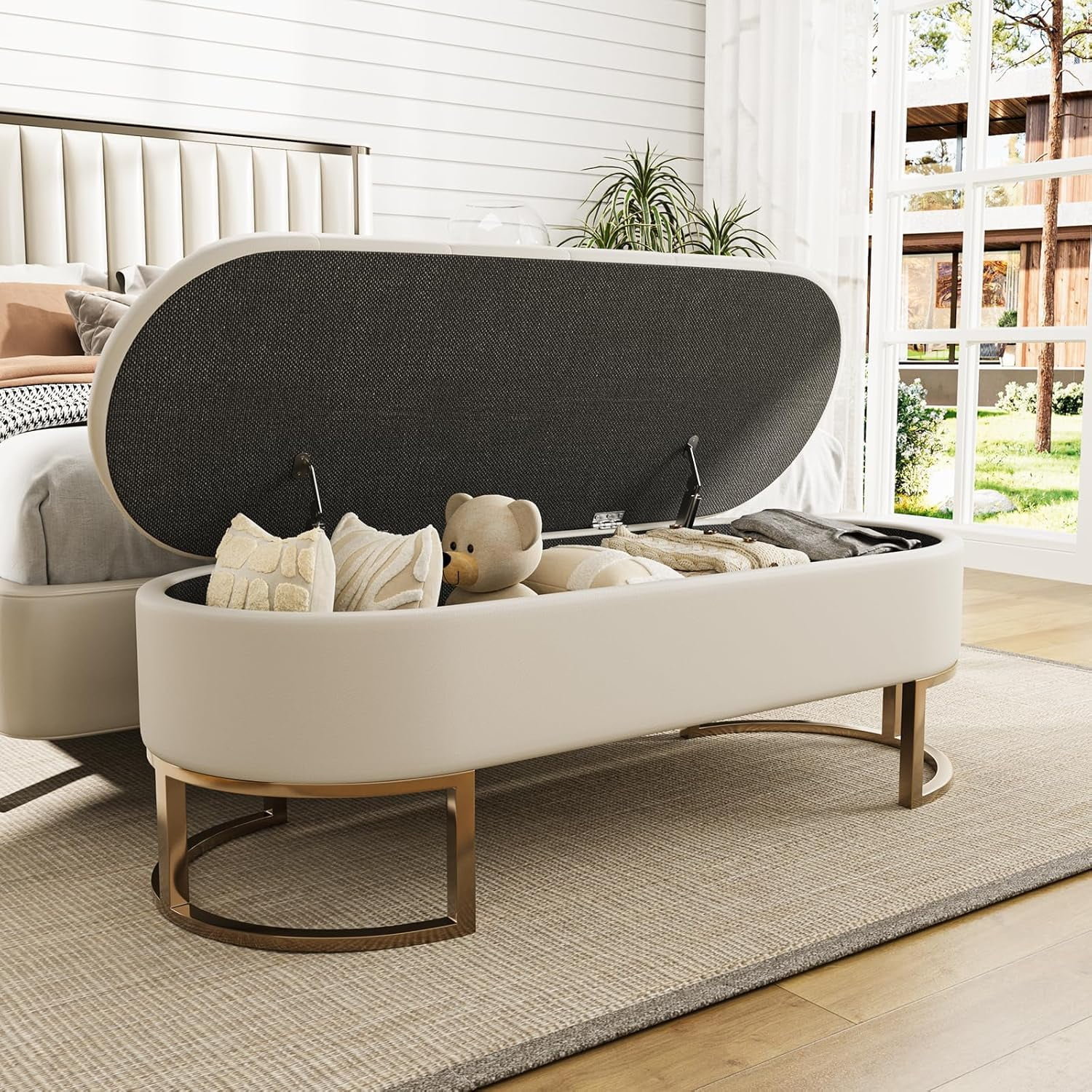 50" Storage Ottoman Bench, Upholstered Leather End of Bed Bench for ...