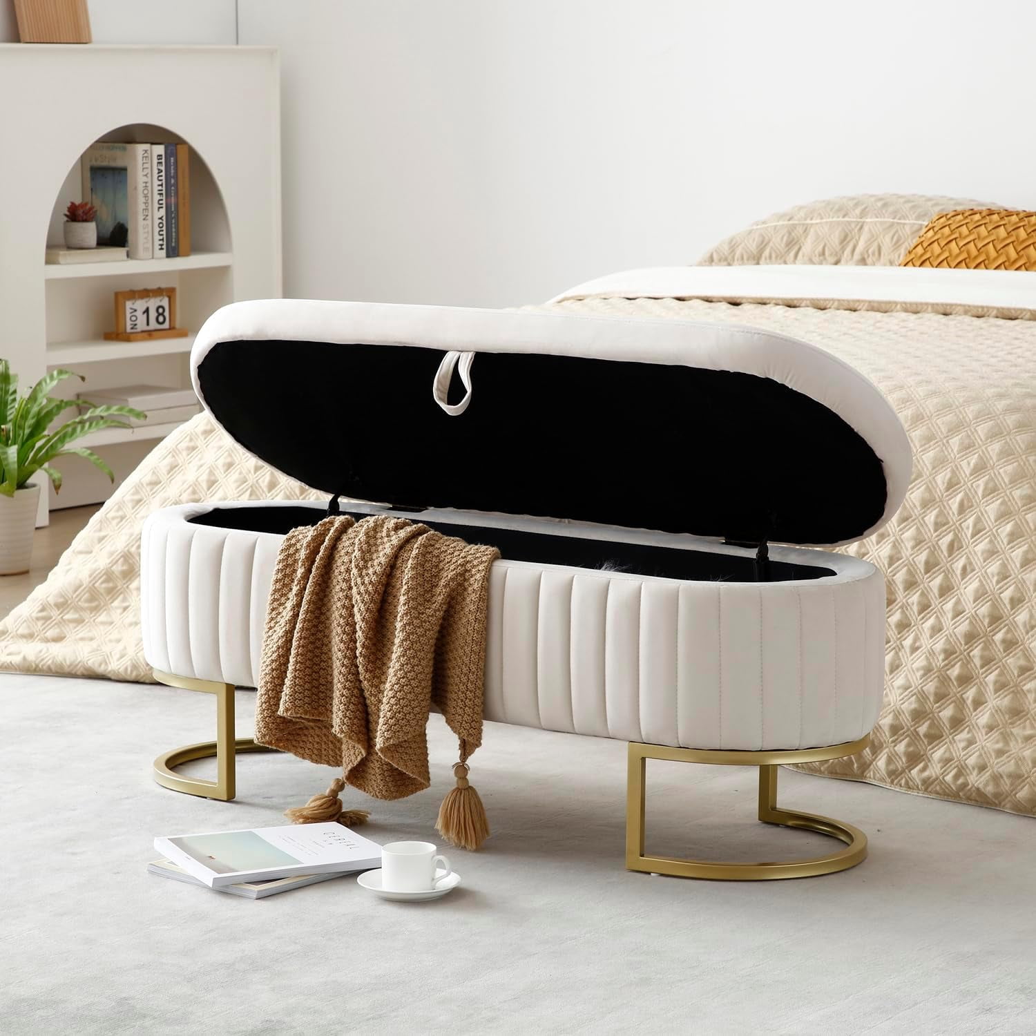 50" Storage Velvet Ottoman Bedroom with Gold Legs, Modern Upholstered ...