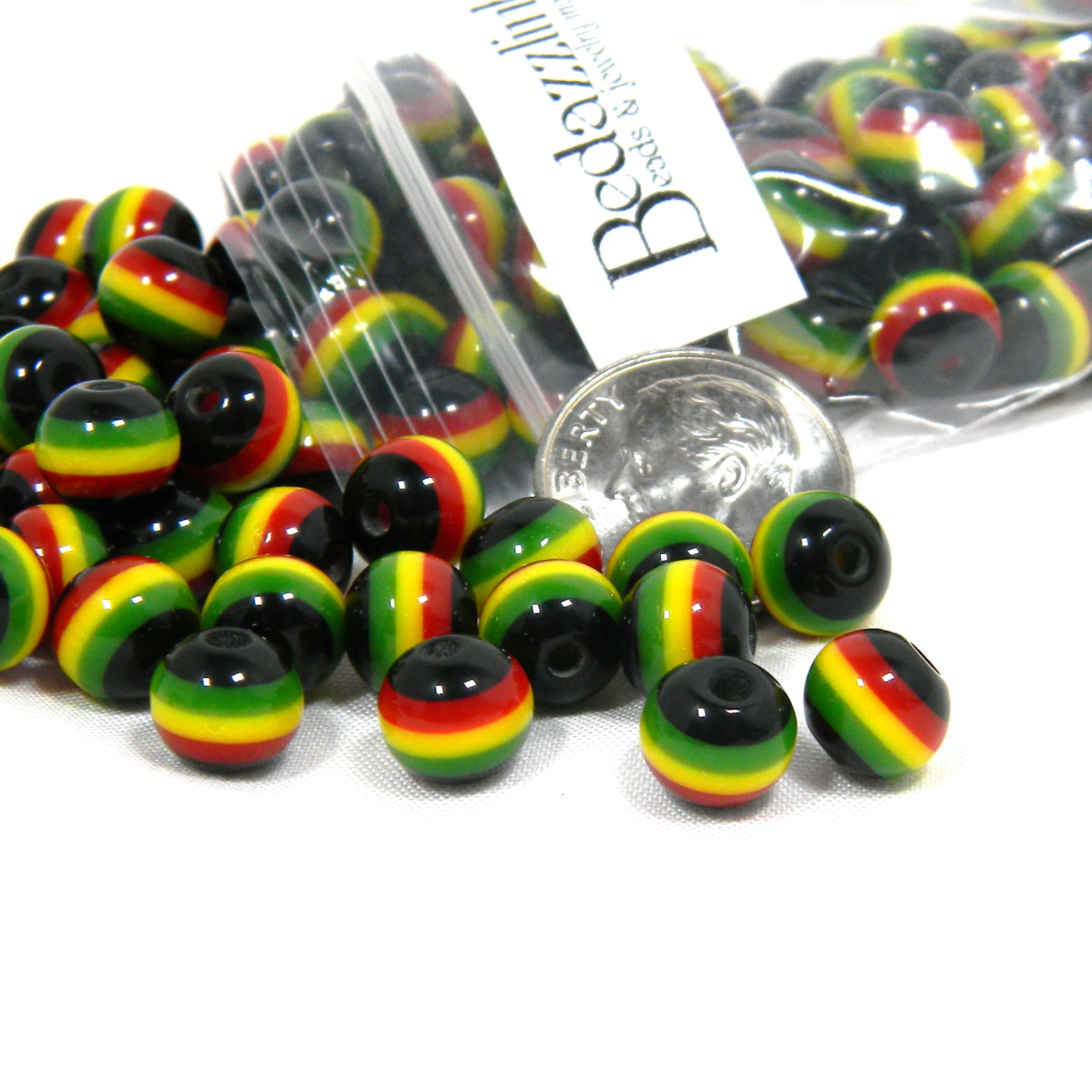 50 Striped Green, Gold Yellow, Red 8mm Round Jamaica Rastafarian Flag ...