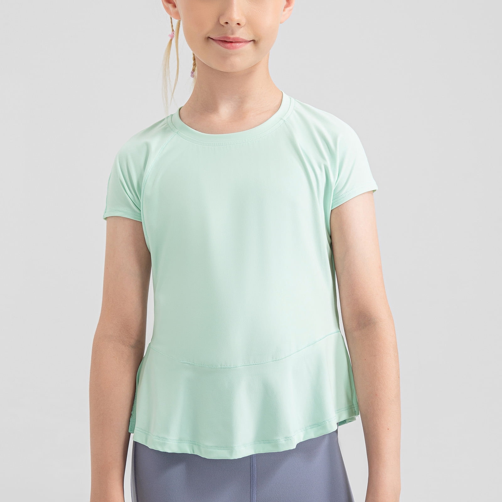 Girls Athletic Shirts Solid Colour Short Sleeve Round Neck Side Split ...