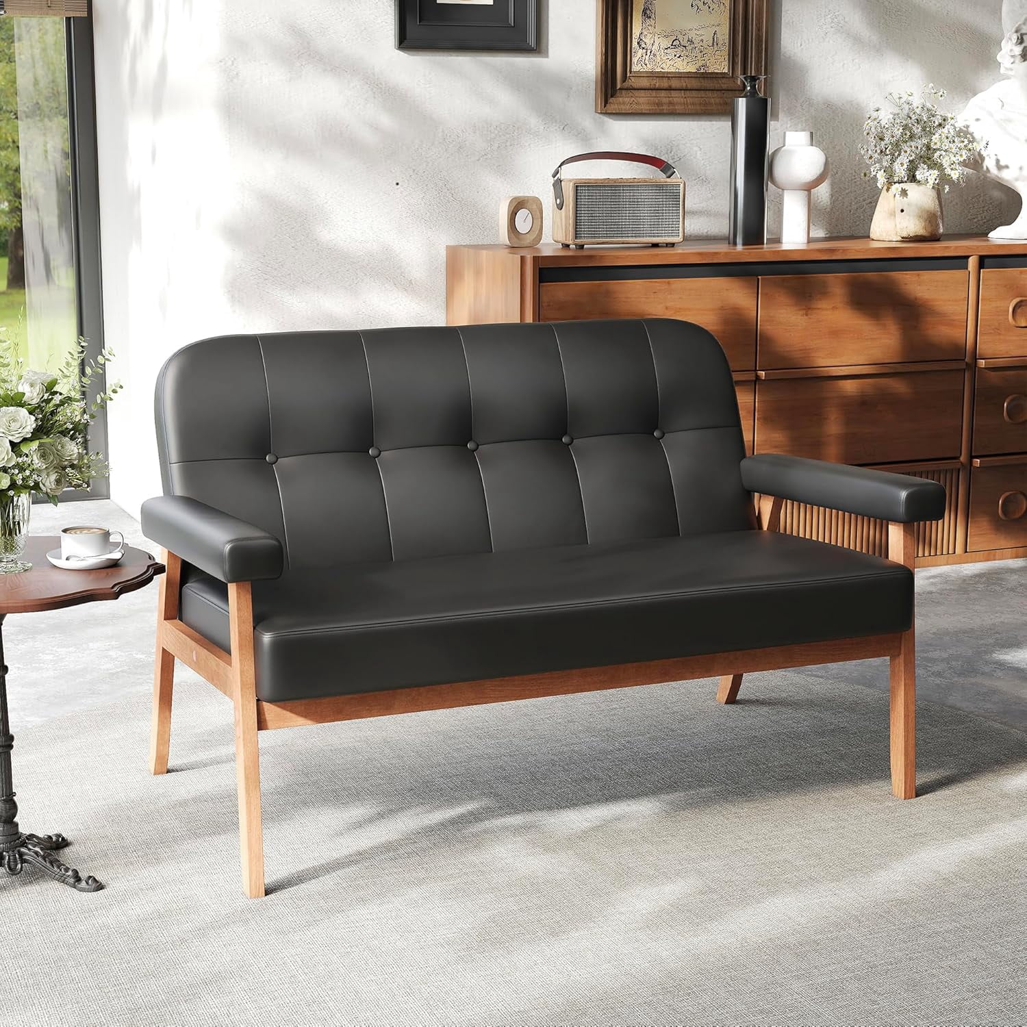 50”W Black Faux Leather Small Office Couch Loveseat Sofa with Wood Arms ...