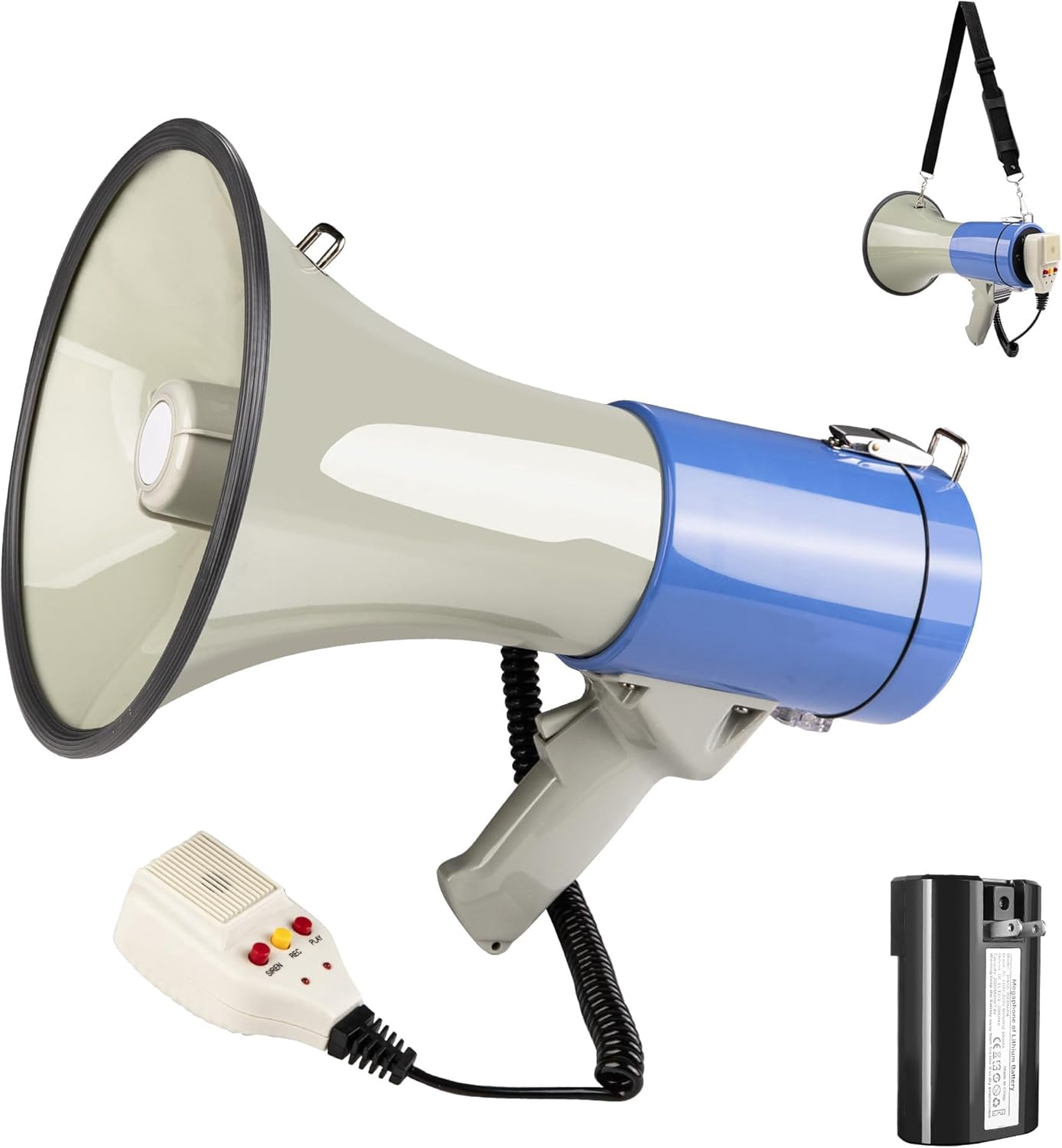 50 Watt Megaphone Bullhorn with Detachable Microphone, 240s Recording ...