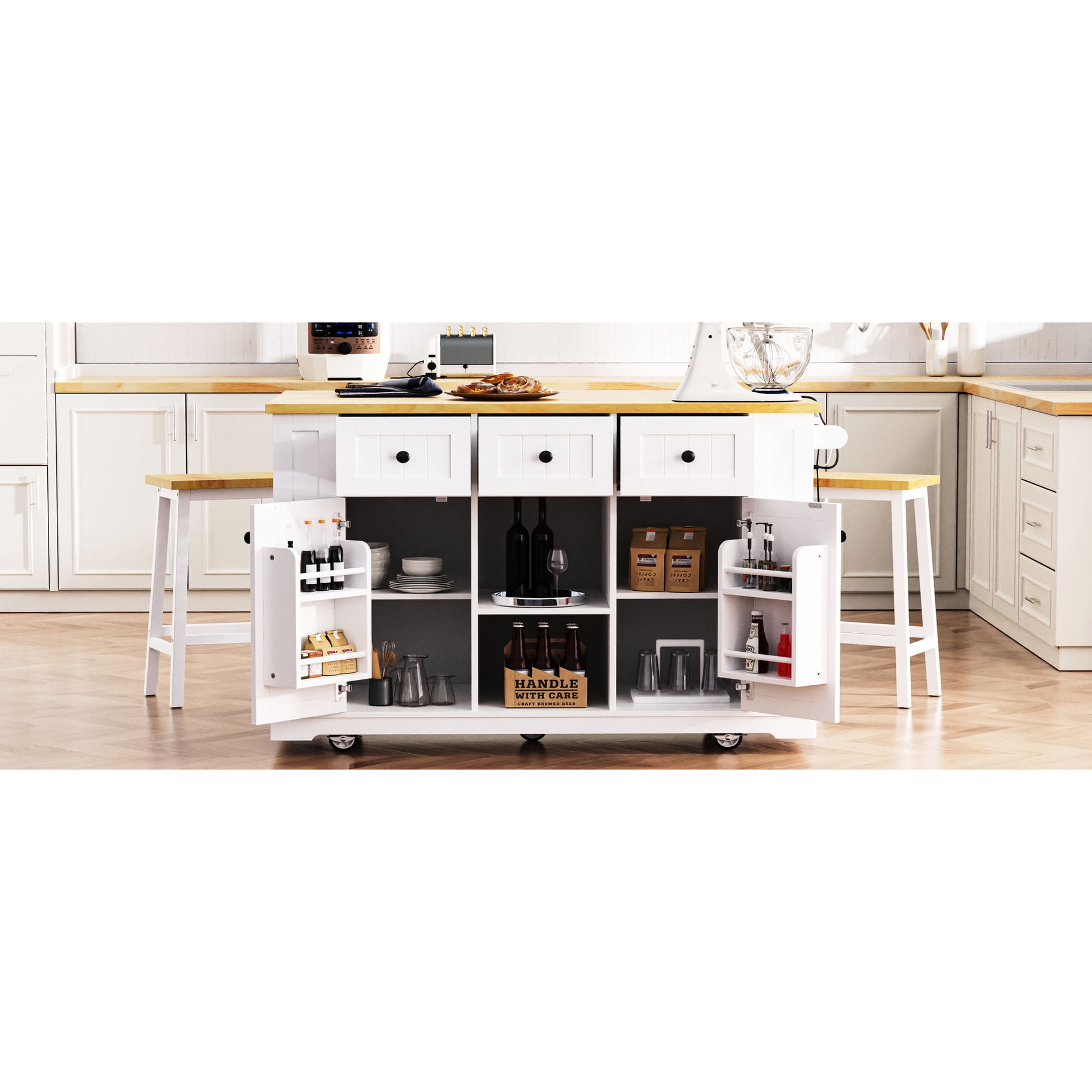 50” Wide Kitchen Island | Soft Close Hinges | Open Racks for Spices ...