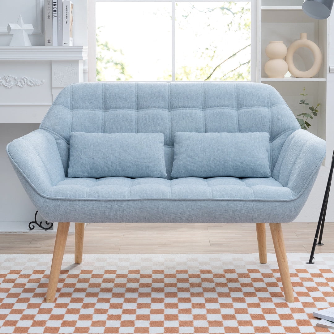 50" Width Linen Sofa, Loveseat Sofa with Wooden Legs and 2 Pillows ...