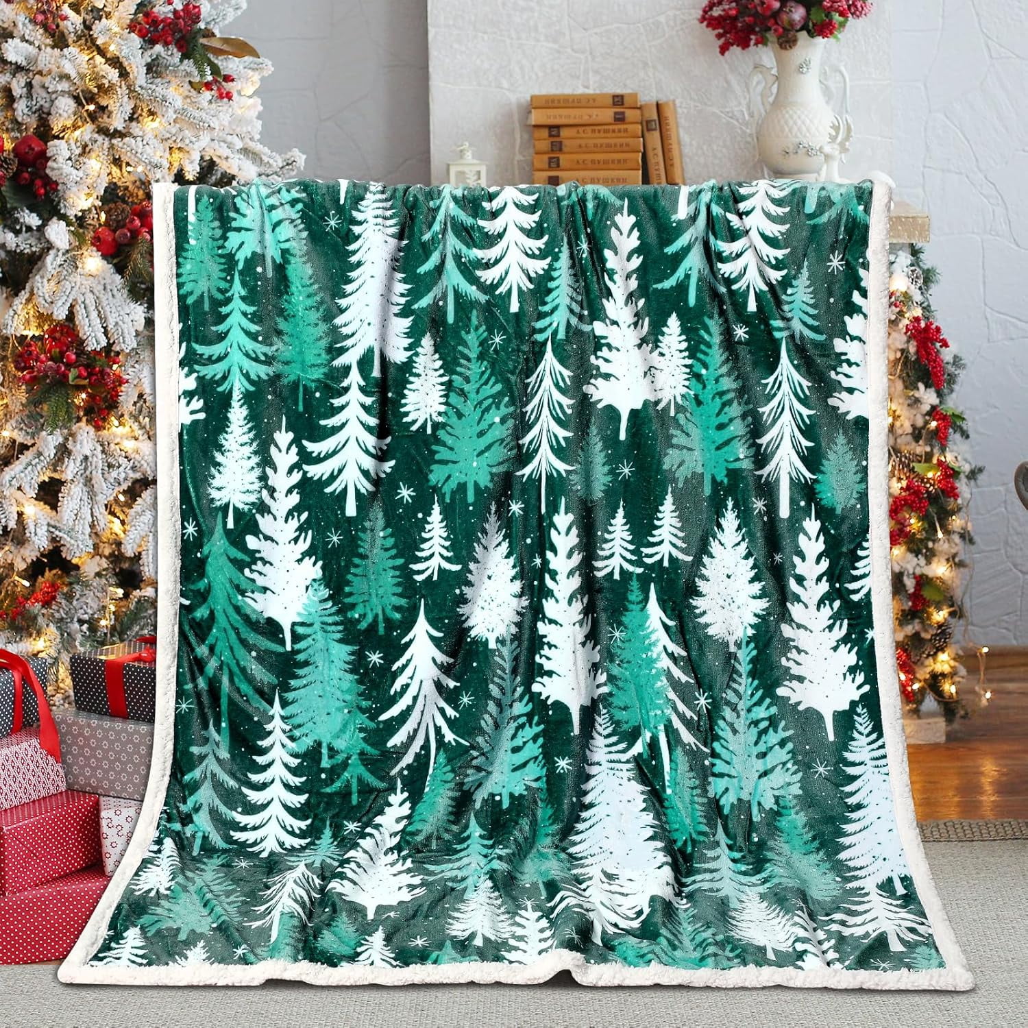 50" X 60" Christmas Tree Throw Blanket, Winter Holiday Sherpa Fleece ...