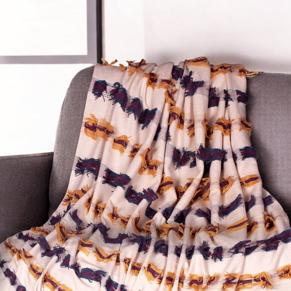 50" X 60" Ivory Blue and Yellow Woven Cotton Striped Throw Blanket with ...
