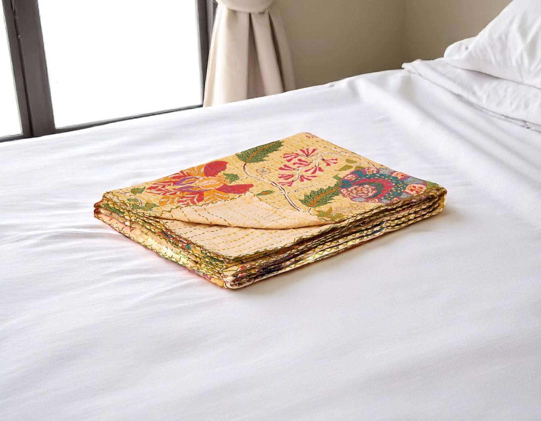 50" X 70" Yellow And Pink Floral Cotton Quilted Kantha Throw Blanket ...
