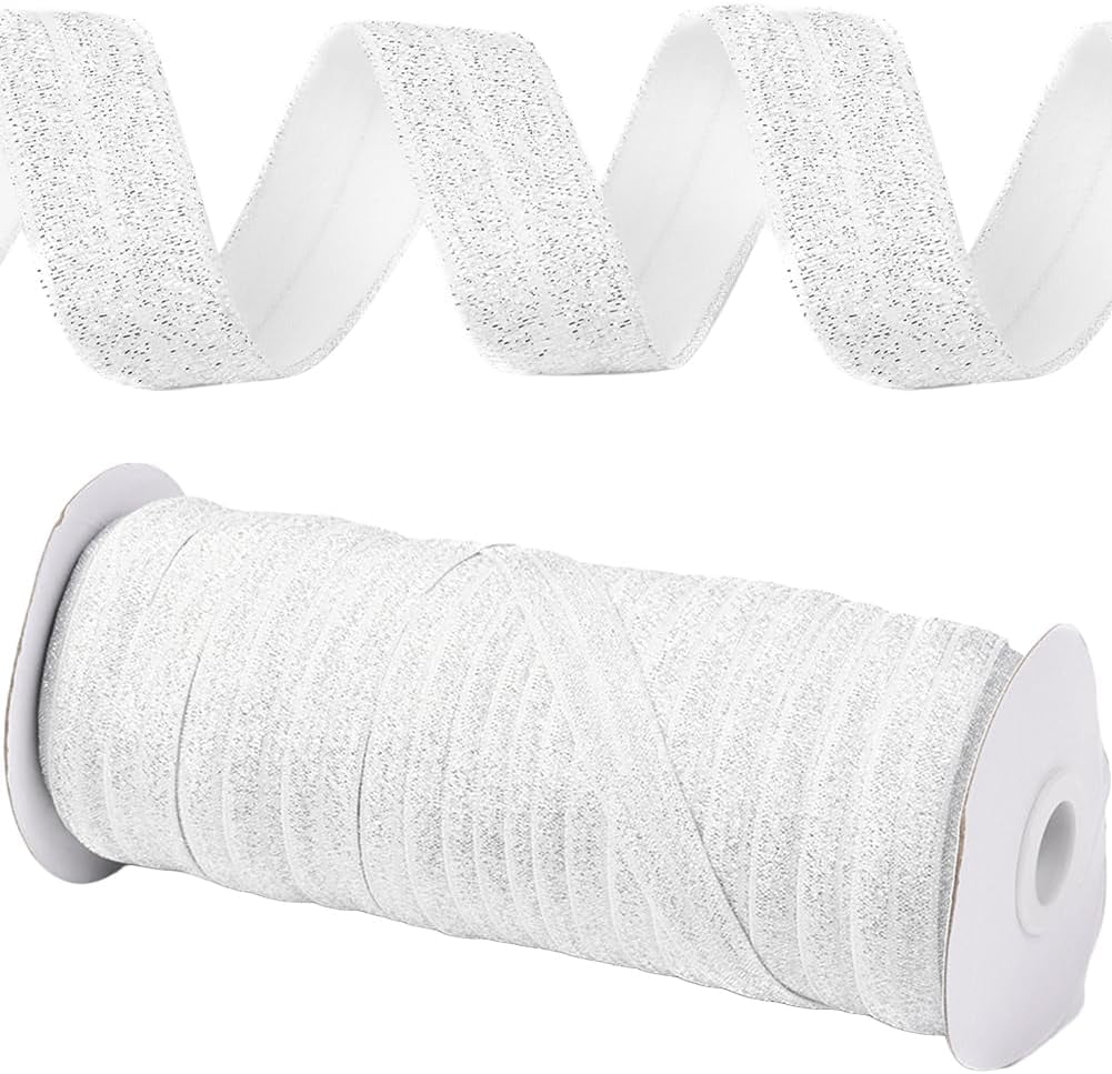 50 Yard 50 Yards 15mm White Silver Stretch Elastic Ribbon Fold Over ...
