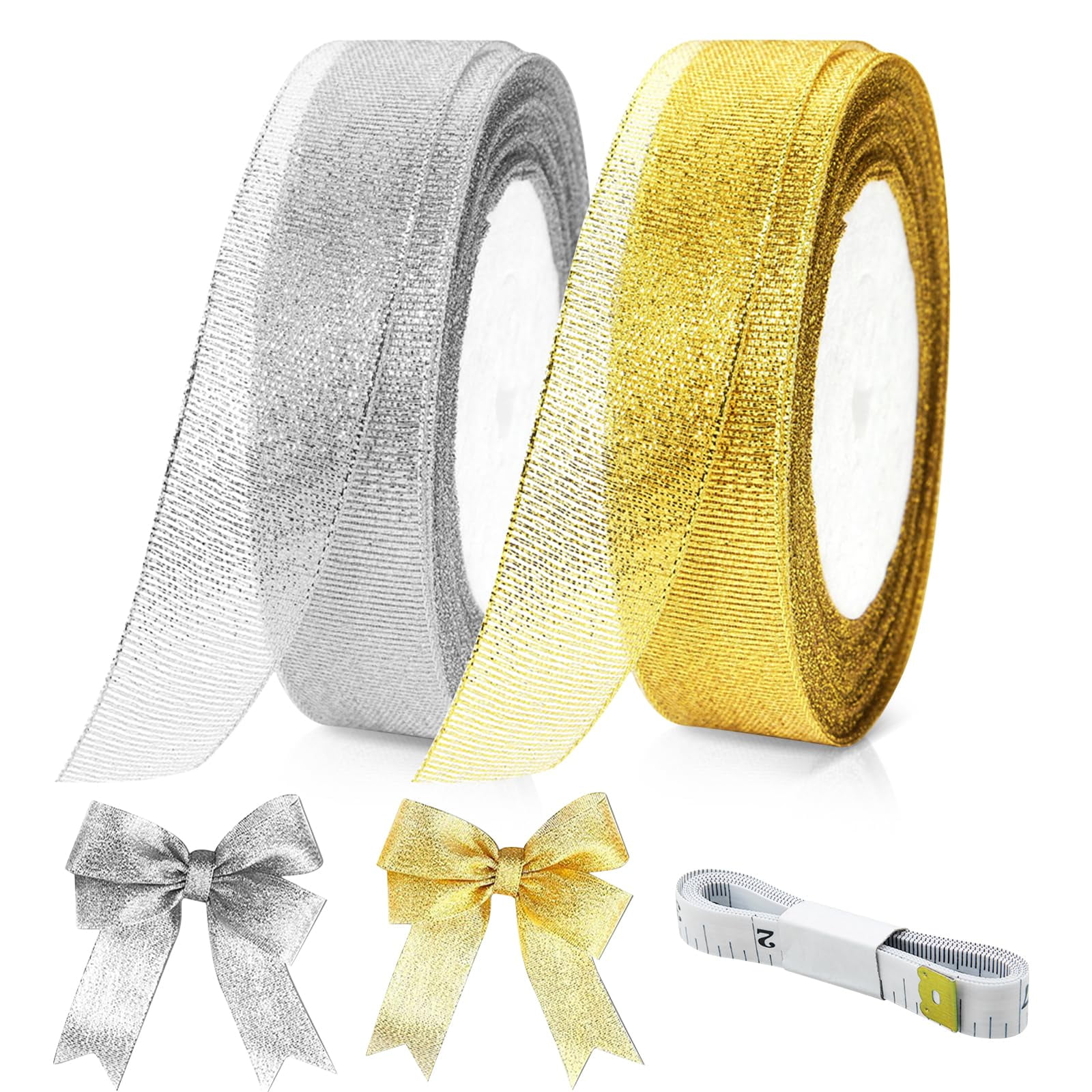50 Yards 1" Gold Silver Glitter Ribbon Sparkly Metallic Fabric Gift ...