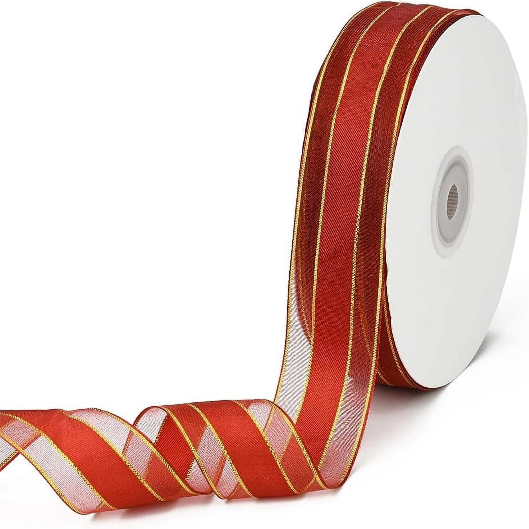 50 Yards 1 Inch Burgundy Organza Ribbon Gold Edge Nylon Ribbon Sheer ...