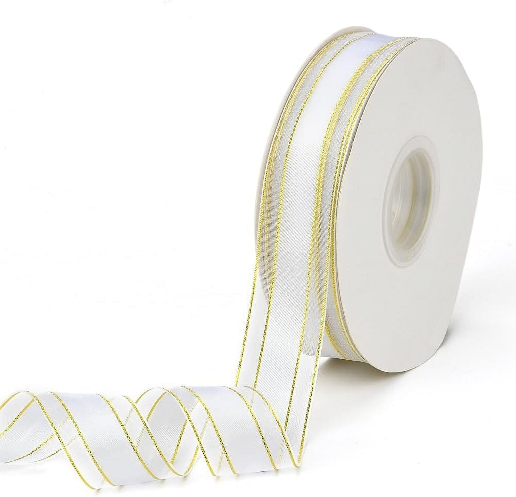 50 Yards 1 Inch White Organza Ribbon Gold Edge Ribbon Snow Sheer ...