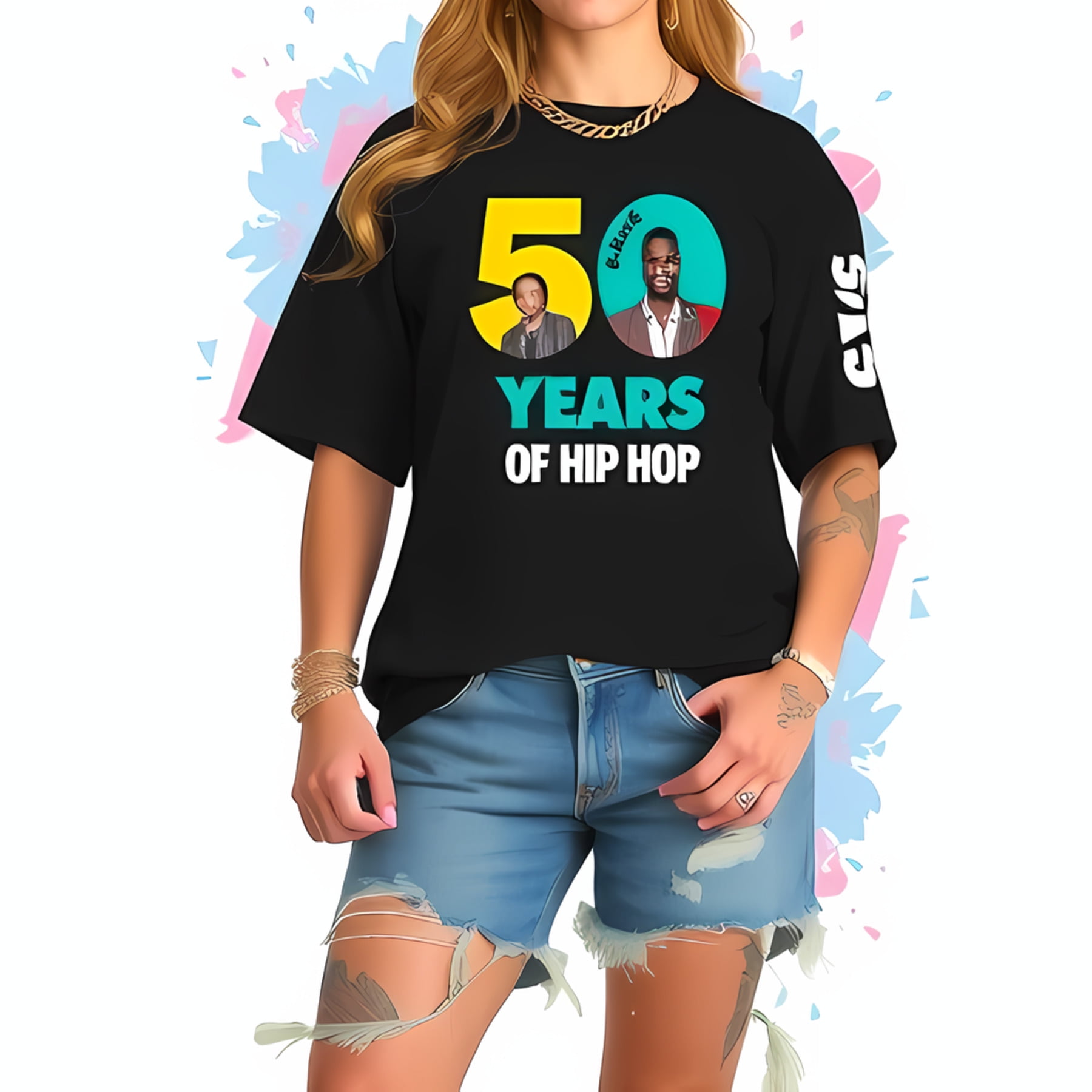 50 Years of Hip Hop Cotton Short Sleeve T-Shirt - Vibrant Graphic Design with Iconic Figures Fun ...