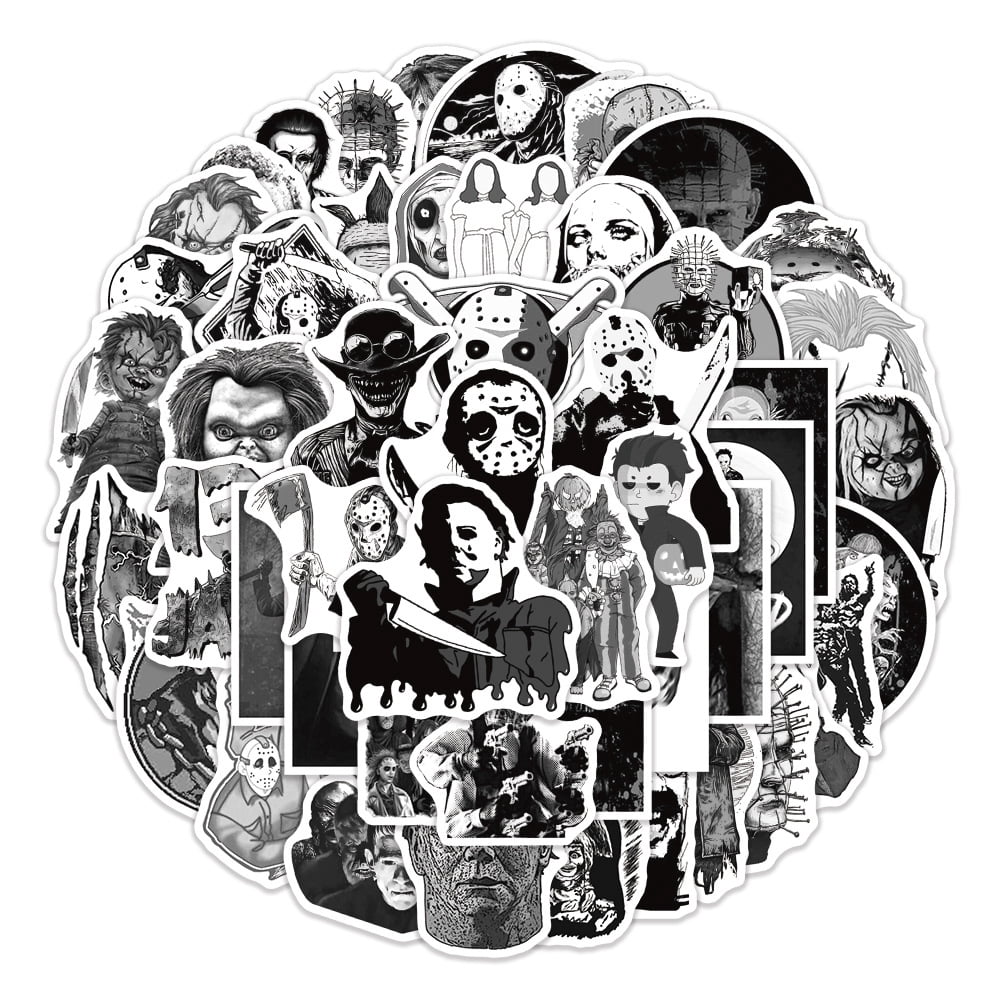 50 black and white horror c*haracter horror themed graffiti stickers, luggage, laptop, phone ...