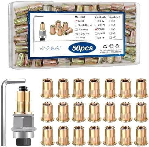 50 count 1/4-20 Rivet Nuts with Hand Rivet Nut Tool, Flat Threaded ...