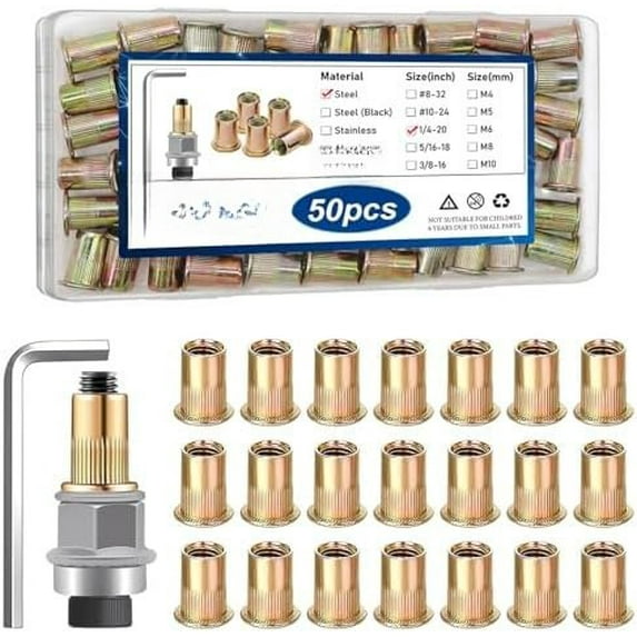 50 count 1/4-20 Rivet Nuts with Hand Rivet Nut Tool, Flat Threaded ...