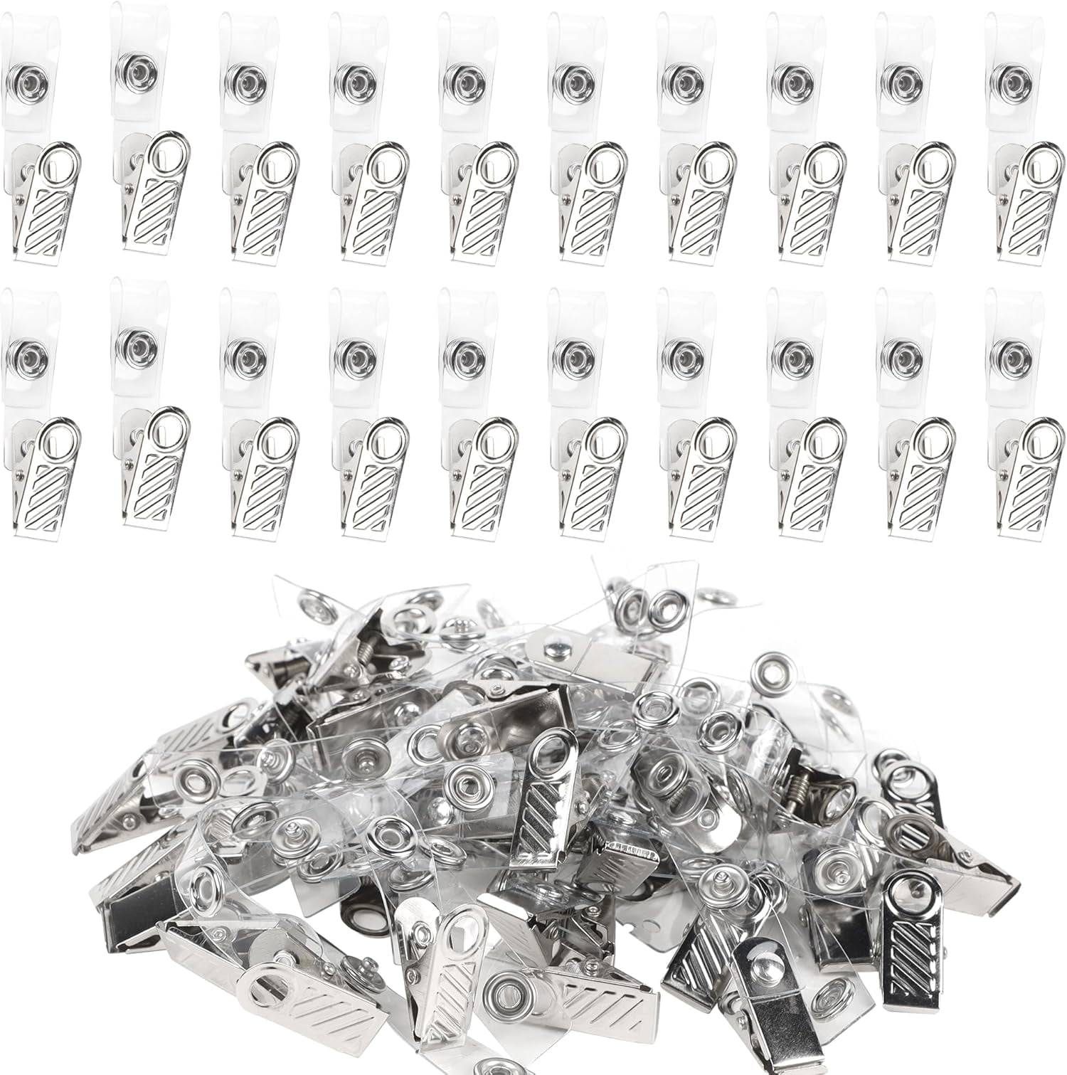 50 count Metal Badge Clips with Clear PVC Straps, ID Holder Clip for ...