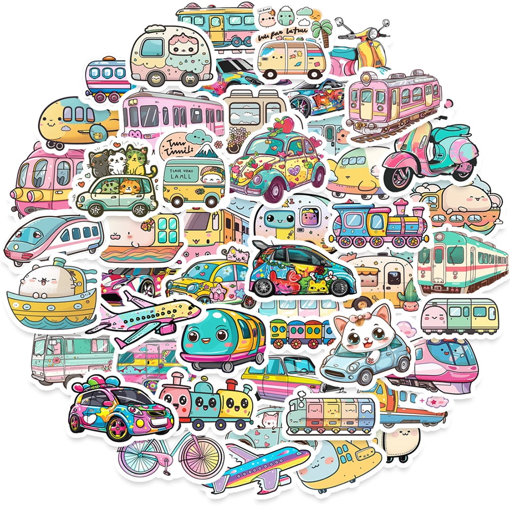 50 cute car camping car cartoon stickers, transportation stickers ...