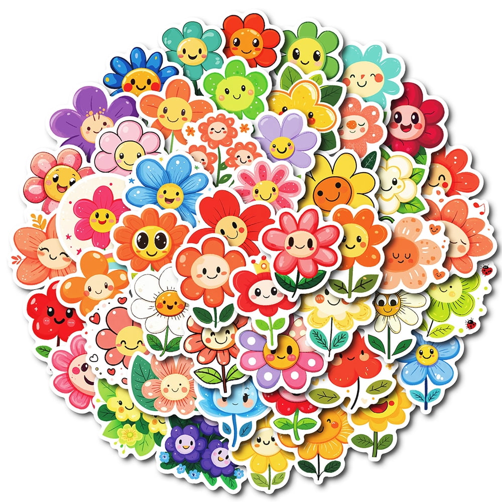 50 cute cartoon smiley flower stickers, children's reward stickers ...