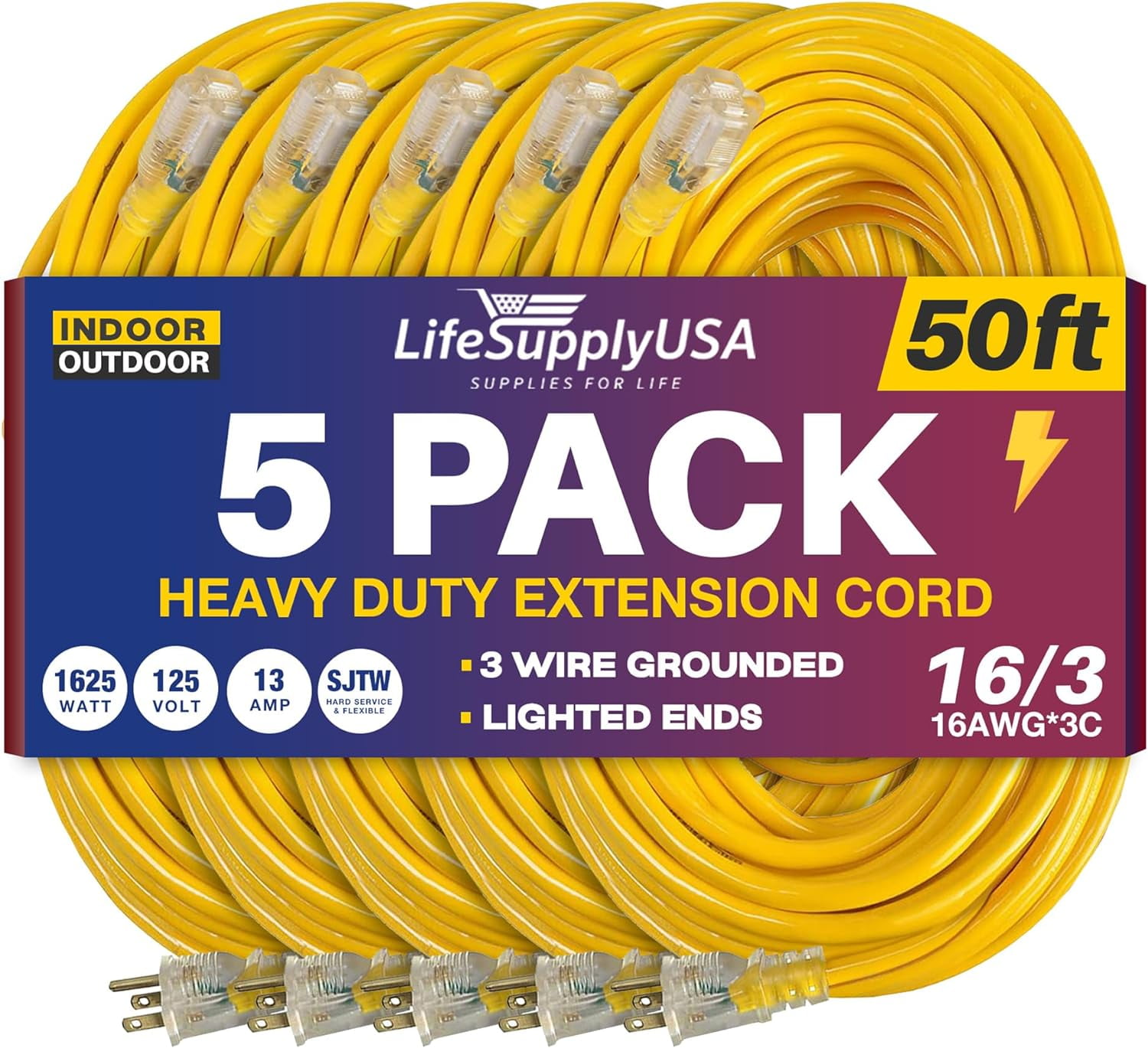 50 ft Power Extension Cord, Indoor Outdoor, Heavy Duty, 3 Prong SJTW ...