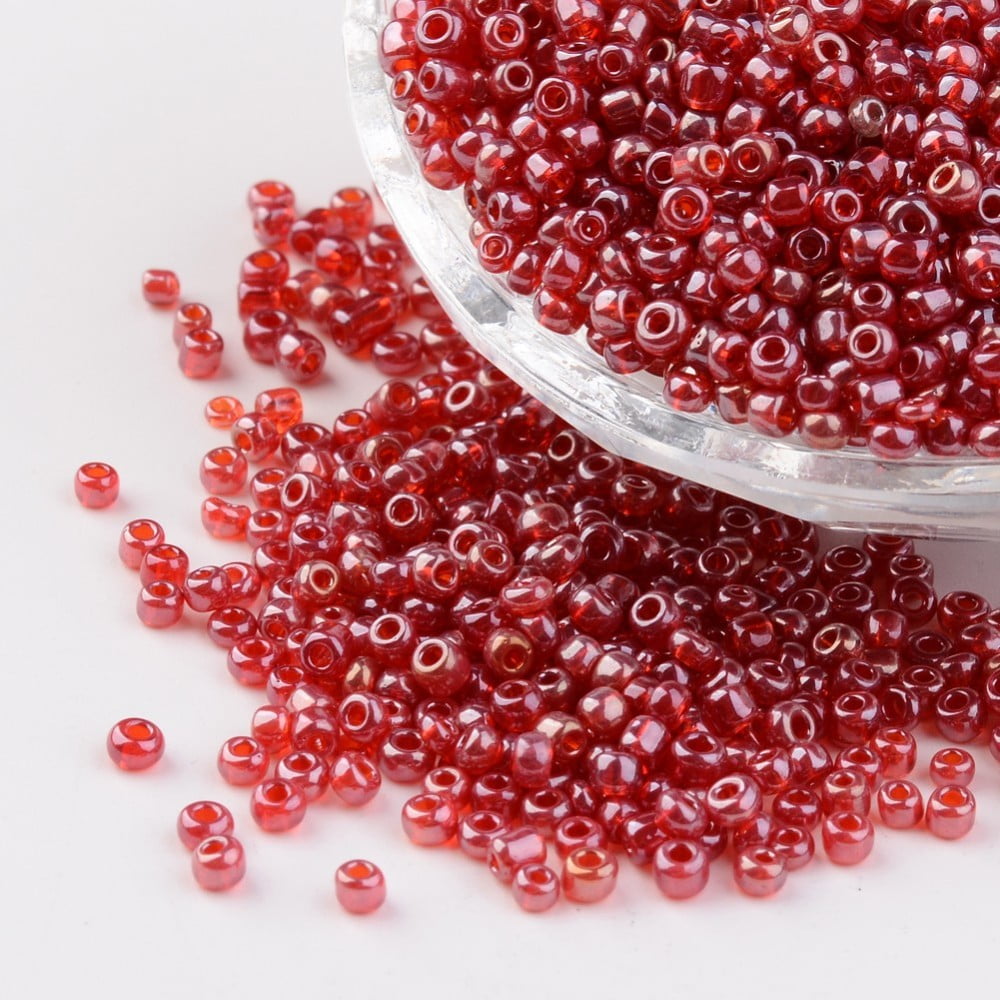 50 g Round Glass Seed Beads Trans. Colours Lustered Crimson Size: 3mm ...