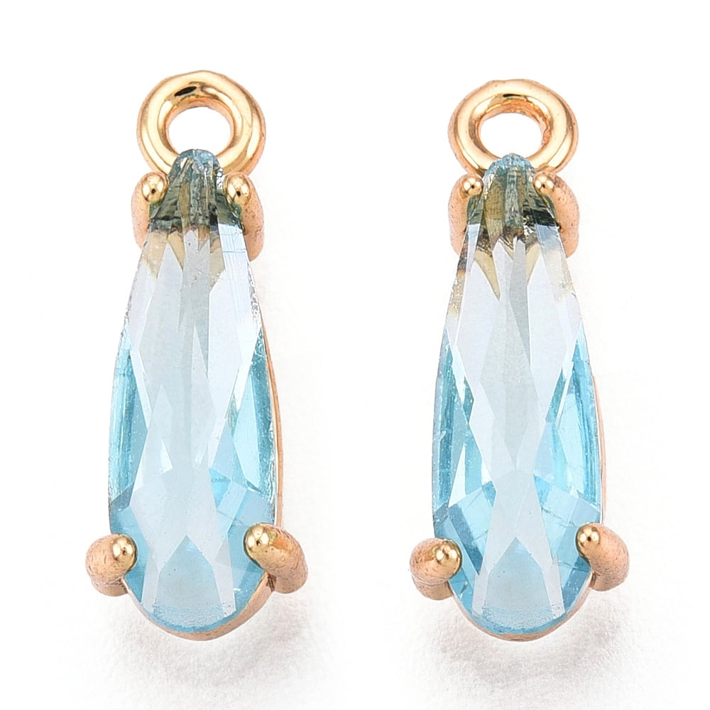50 pc Faceted Glass Pendants with Golden Tone Brass Open Back Settings Teardrop Light Sky Blue ...