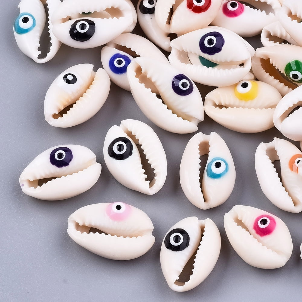 50 pc Natural Cowrie Shell Beads with Enamel No Hole/Undrilled Evil Eye ...