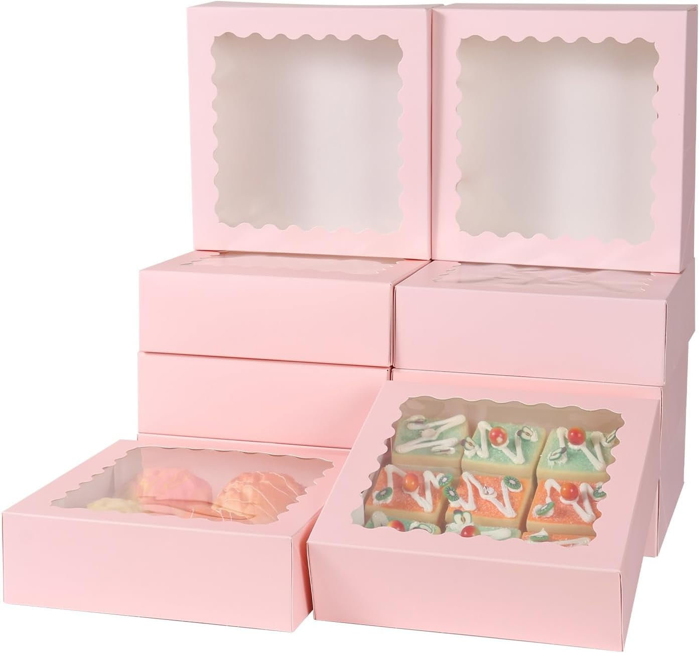 50 pcs 8x8x2.5 Inches Pink Bakery Boxes with Window, Cake Pastry Cookie ...