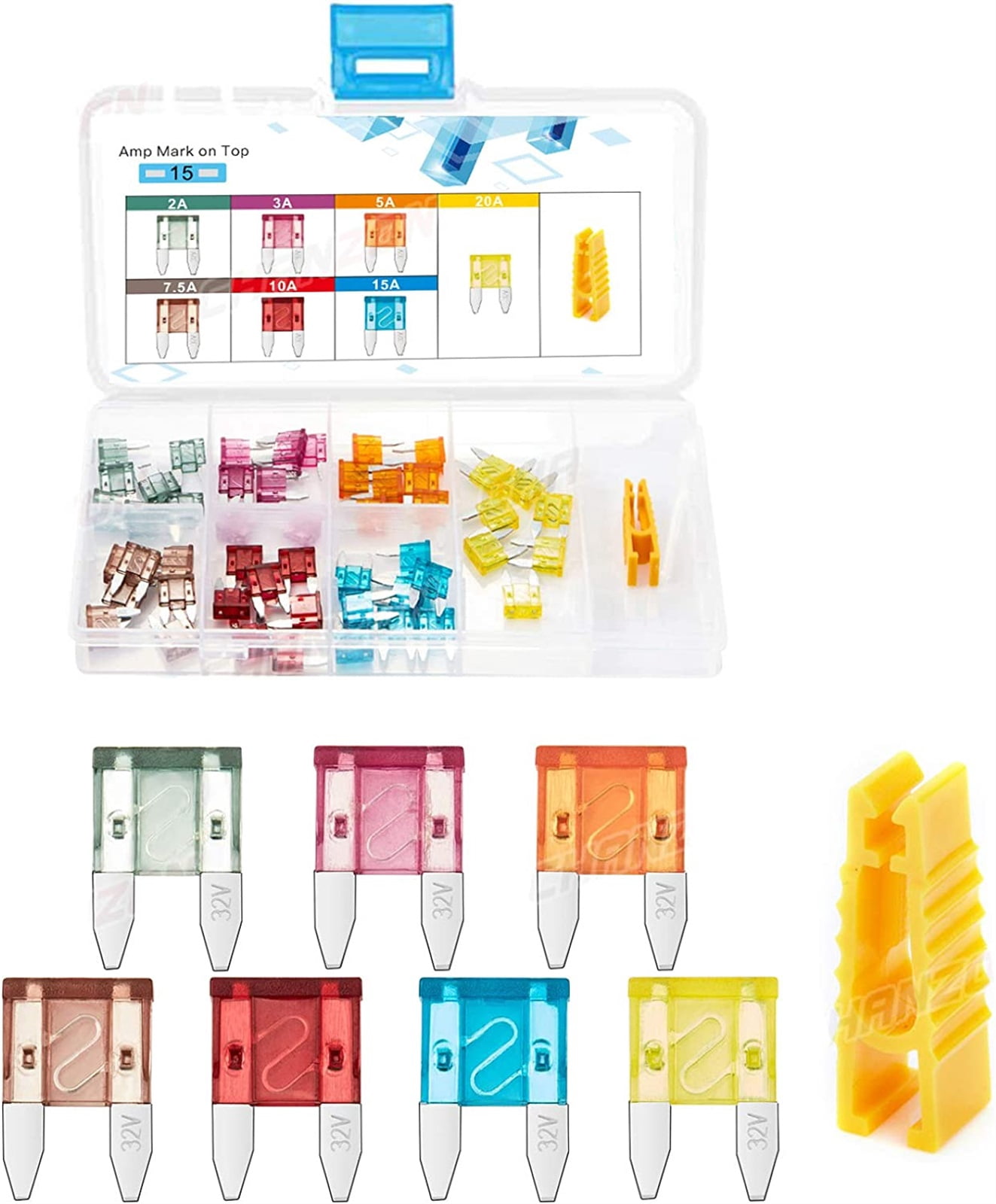 50 pcs Car Fuse Set ATM Mini Auto Blade 2A 3A 5A 7.5A 10A 15A 20A Fast ...
