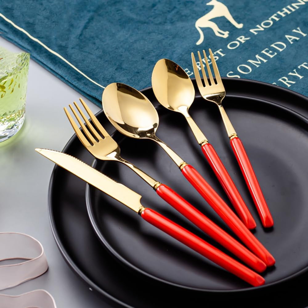 50-piece Silverware Set With Red Ceramic Handle,Stainless Steel ...