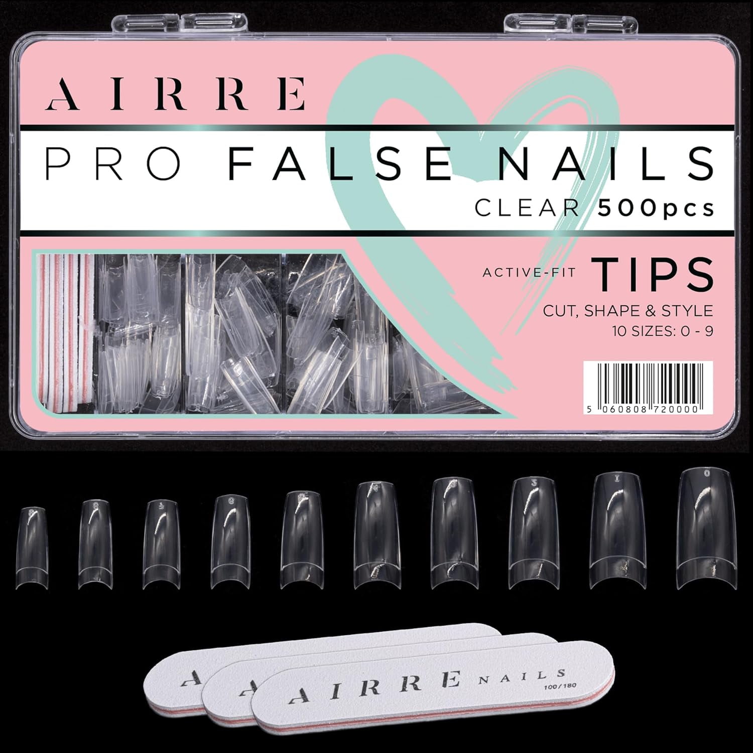 500 AIRRE Pro Acrylic Nail Tips & 3 Files with Box - (10 Sizes) French ...